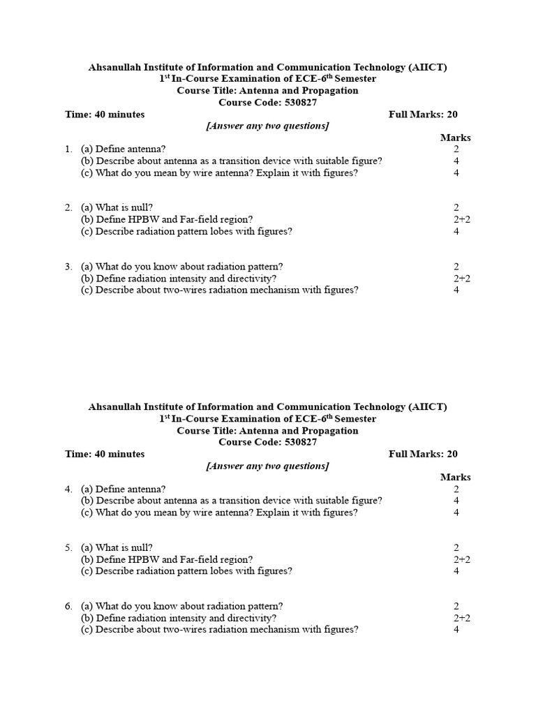 AIICT ECE-6 Antenna Exam Questions | PDF | Antenna (Radio ...