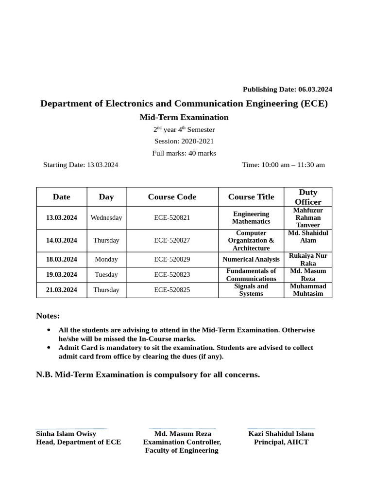 ECE Mid-Term Exam Schedule 2024 | PDF | Engineering