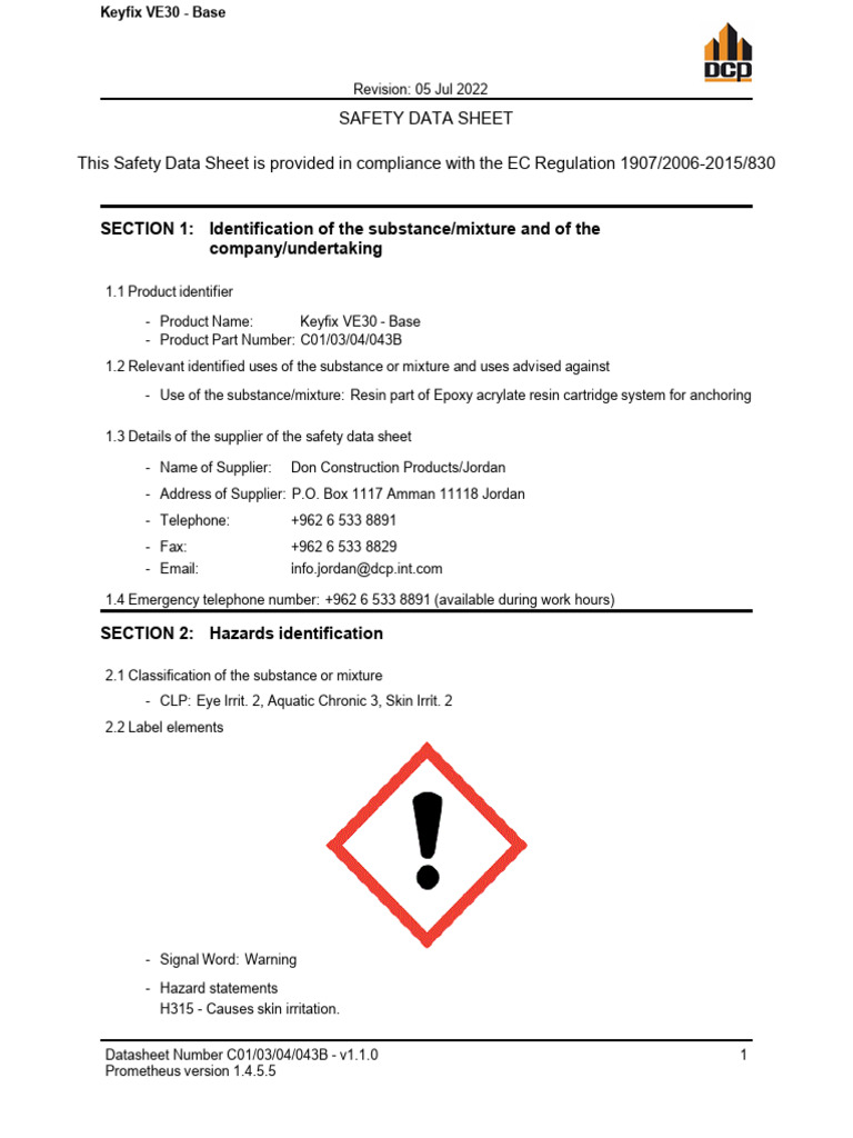 Keyfix VE30 Base_MSDS_1 | PDF | Safety | Occupational Safety And Health