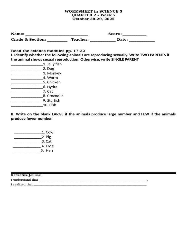 SCIENCE 5 WORKSHEET 2ND WEEK 5 October 28 29 | PDF