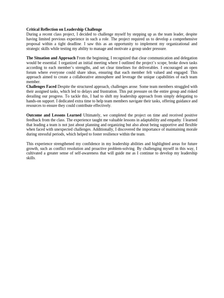 Critical Reflection On Leadership Challenge - Task | PDF