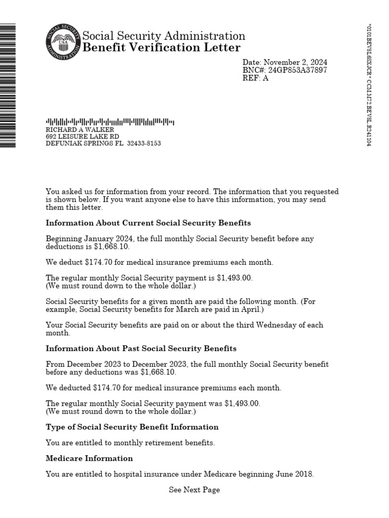 Social Security Benefit Verification Letter | PDF | Social Security ...