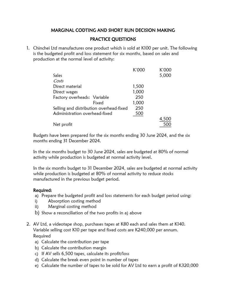 Practice Questions - Marginal and Absorption Costing | PDF | Business Economics | Financial ...