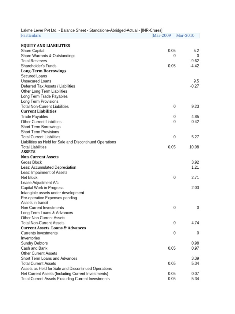 Lakme Lever PVT Ltd. - Balance Sheet | PDF | Financial Accounting ...