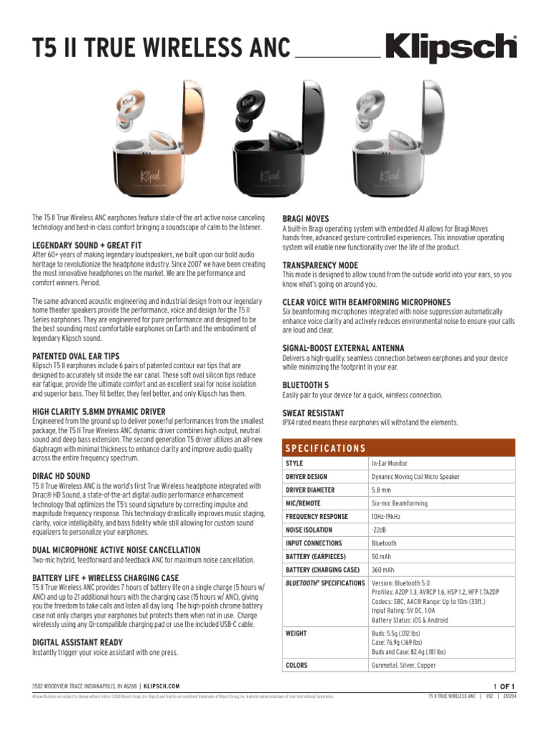 T5-True-Wireless-II-ANC_Spec-Sheet-1 | PDF | Headphones | Loudspeaker