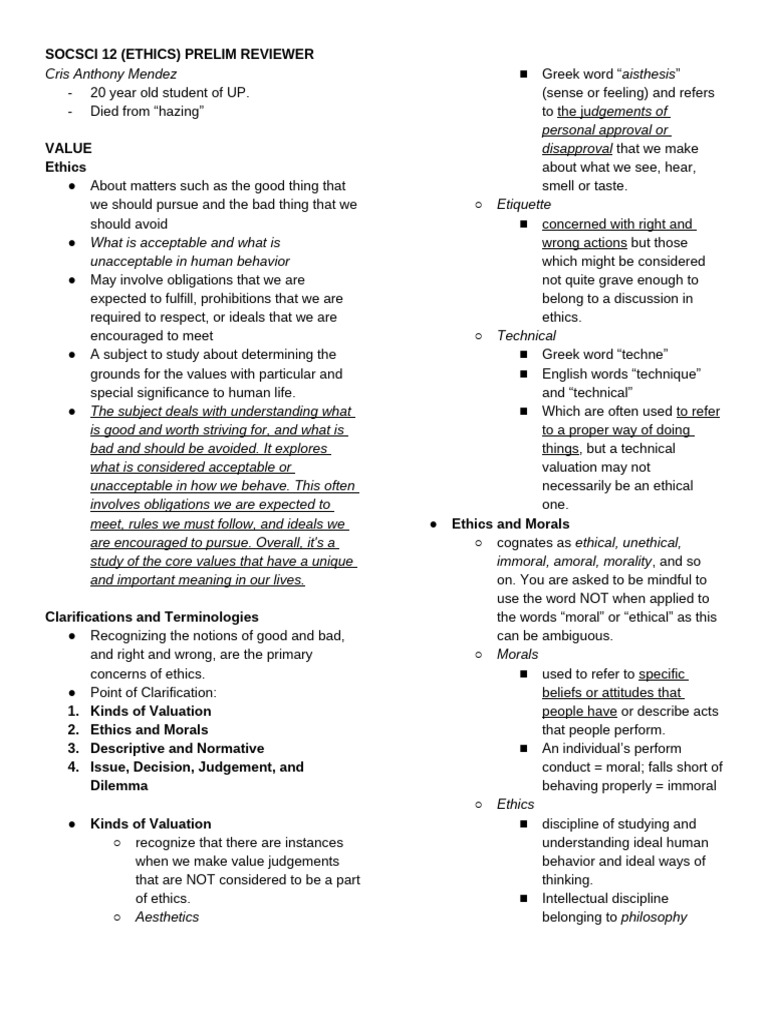 Socsci 12 (Ethics) Prelim Reviewer | PDF | Morality