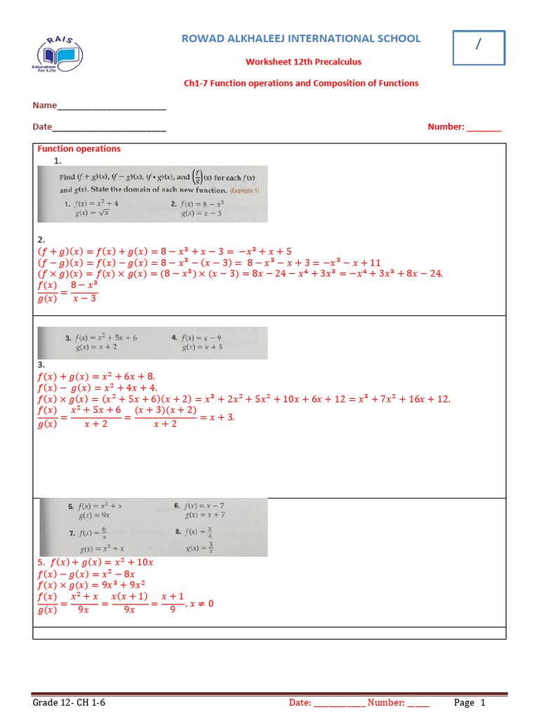 Worksheet 12th Precalculus Ch1-7 Function Operations and Composition of ...