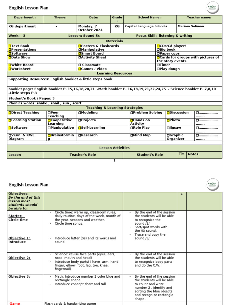 lesson prepration for kg1 week 3 | PDF | Lesson Plan | Education Theory