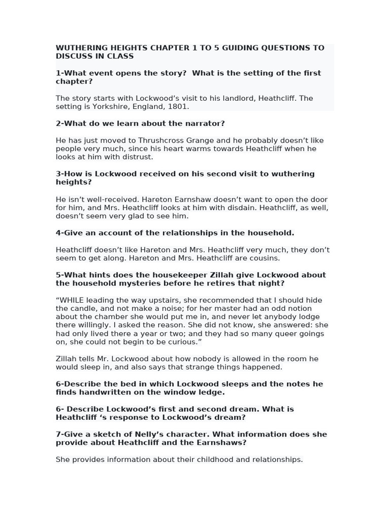 Wuthering Heights Chapter 1 To 5 Guiding Questions | PDF | Heathcliff ...