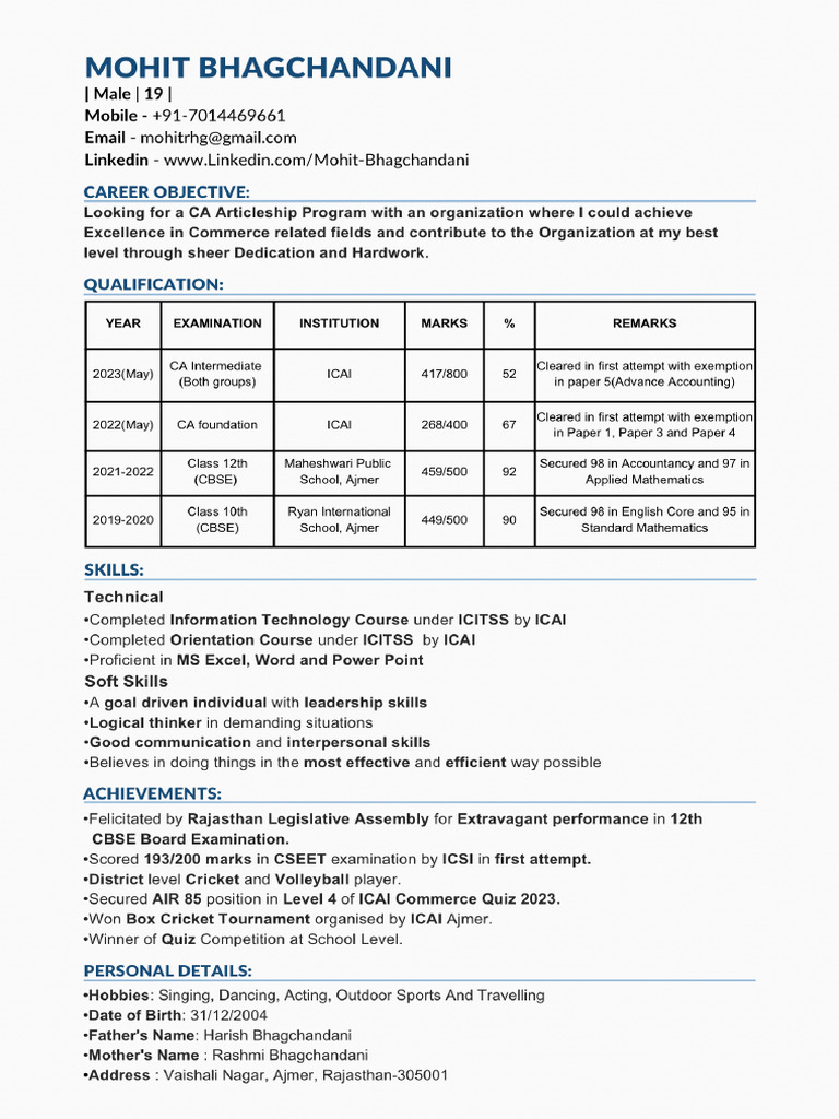 Articleship Mohit Bhagchandani | PDF