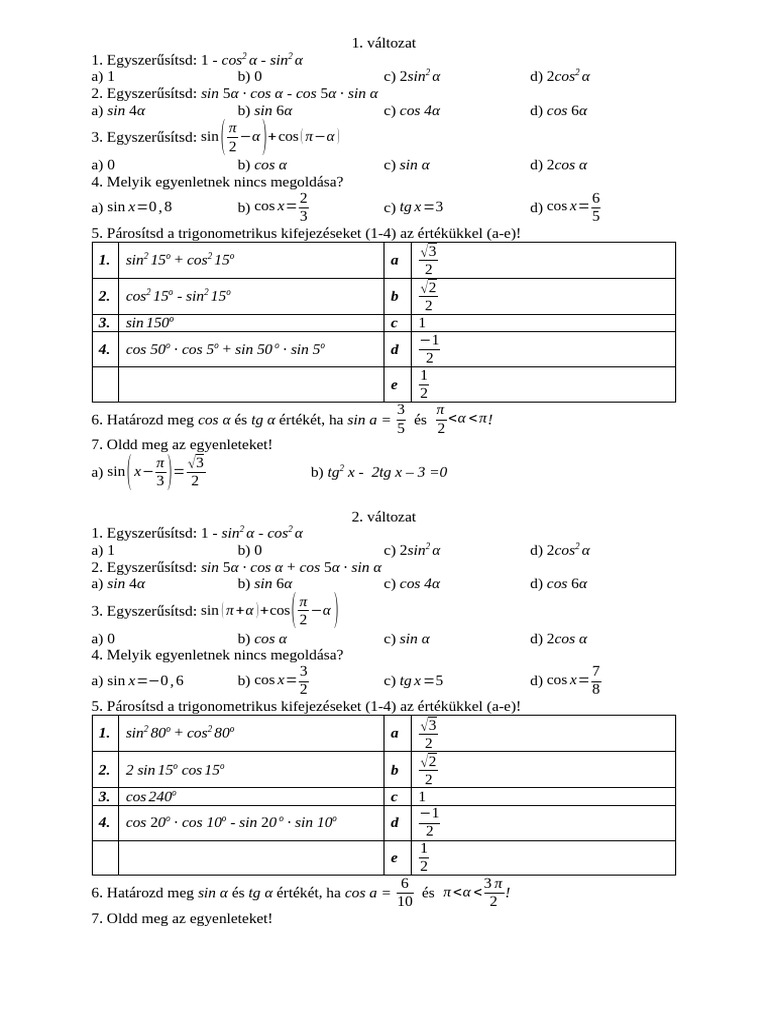 10 Algebra - Trigonometrikus Képletek, Egyenletek | PDF