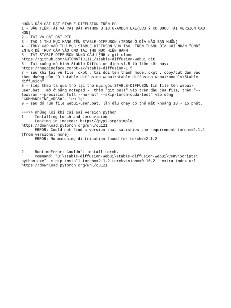 hướng dẫn cài đặt stable diffusion | PDF