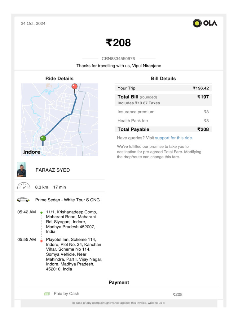 CRN8834550976 - Indore OLA | PDF | Invoice | Payments