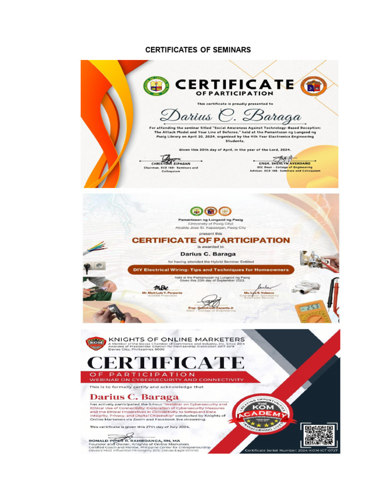 Certificates of Seminars | PDF