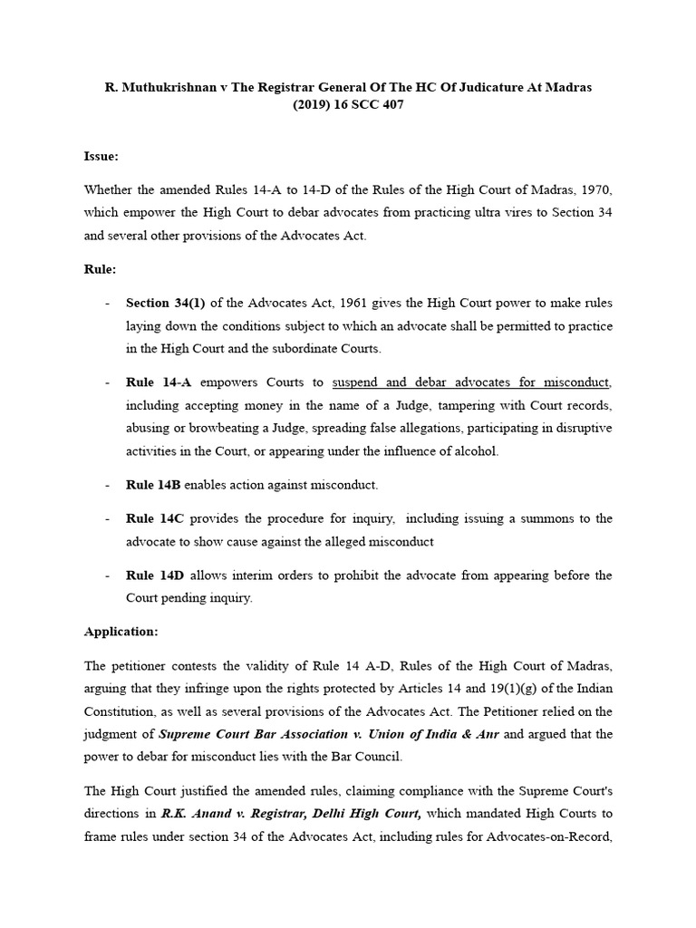 R. Muthukrishnan V The Registrar | PDF | Advocate | Supreme Court Of India