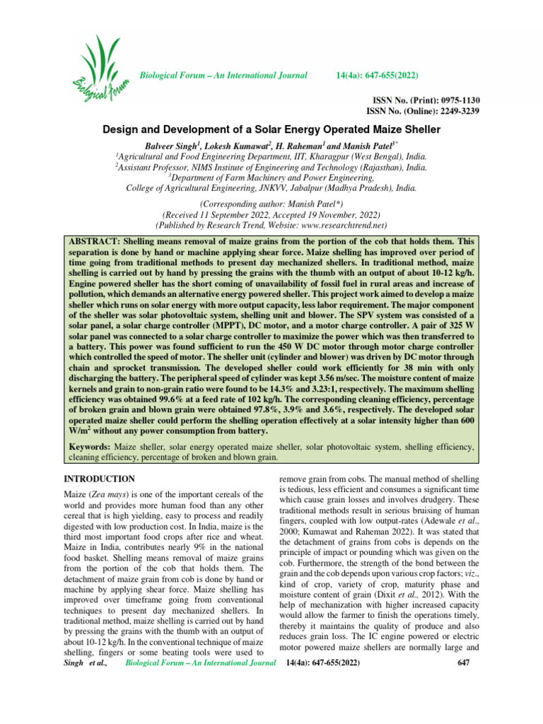 Design and Development of A Solar Energy Operated Maize Sheller Balveer ...