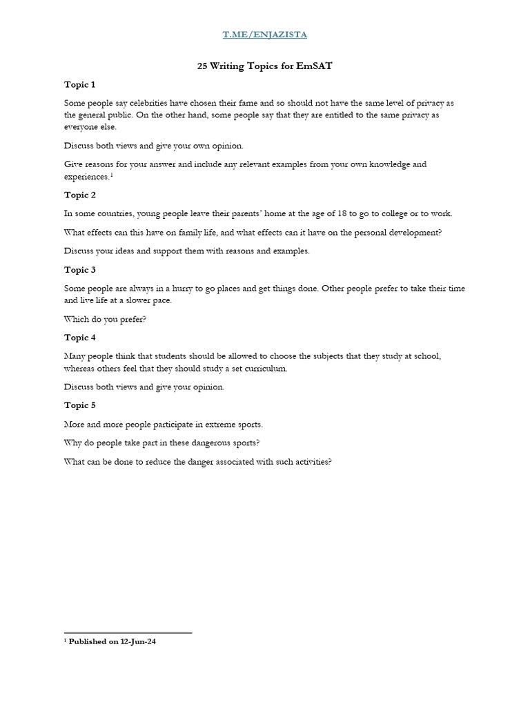 25 Writing Topics For EmSAT | PDF | Tourism | Reason