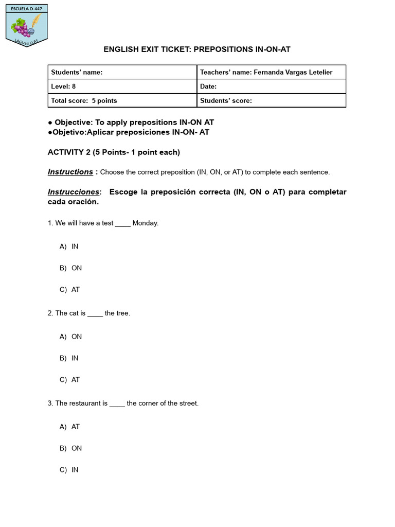 Prepositions Quiz: IN, ON, AT | PDF