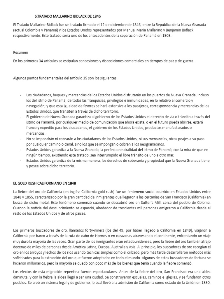 Tratado Mallarino-Bidlack 1846: Resumen | PDF | Viajes y turismo