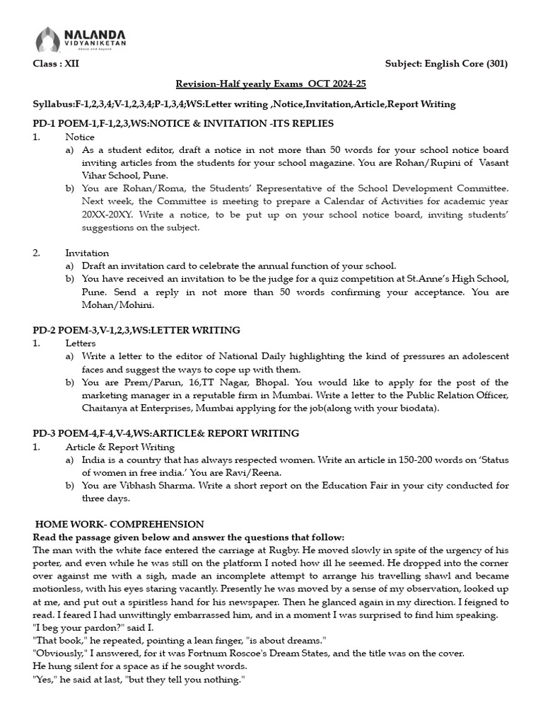 Grade Xii - 2024-25 Revision Handout Half Yearly Exam | PDF | Dream ...