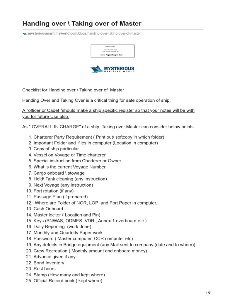 Handing Over Taking Over of Master | PDF | Ships | Oil Tanker