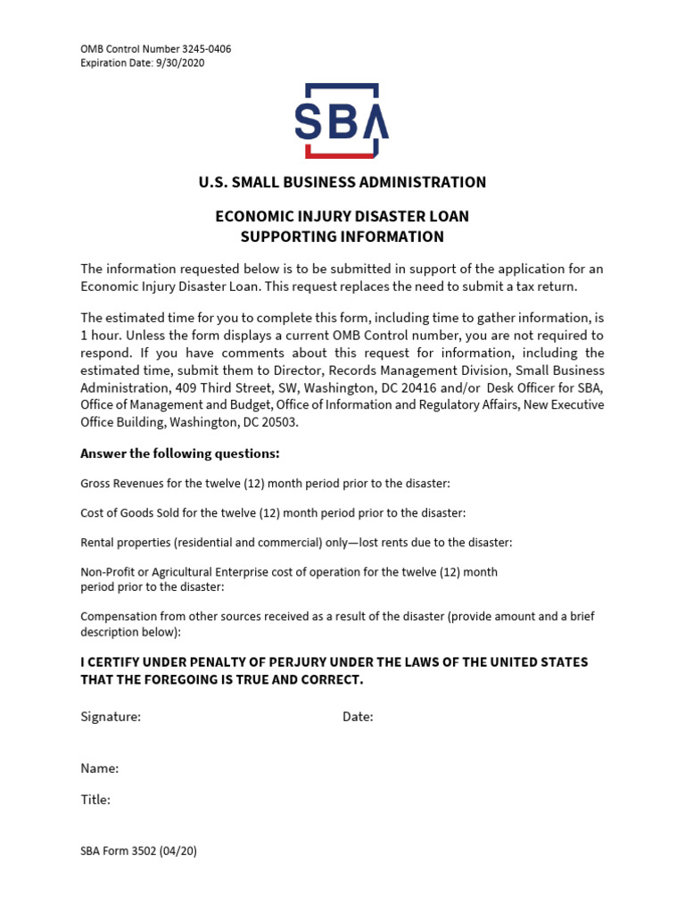 SBA Economic Injury Loan Form | PDF