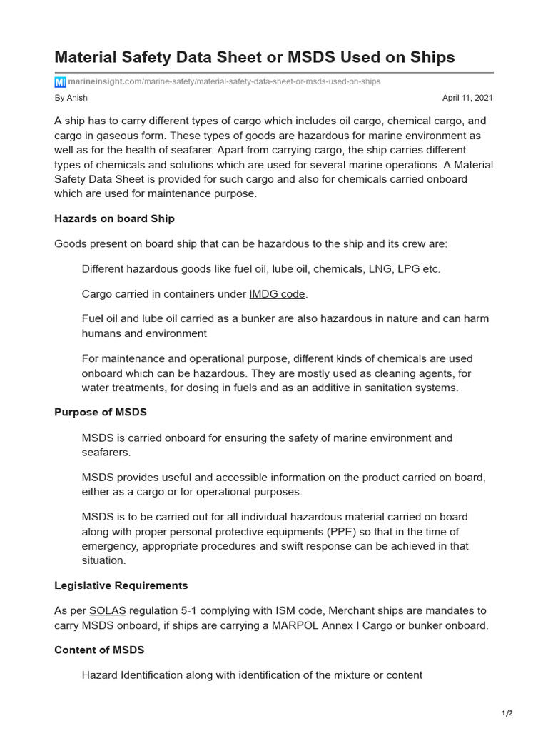 MSDS Guidelines for Maritime Safety | PDF | Ships | Safety