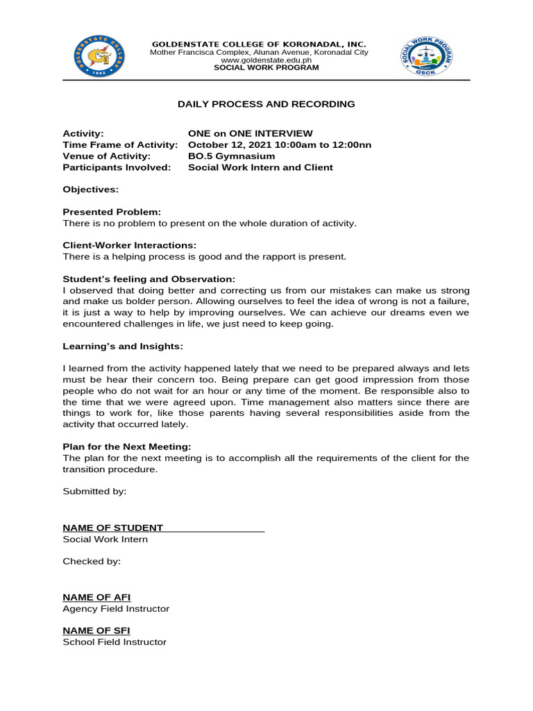 Sample Process Recording | PDF | Psychology | Cognition