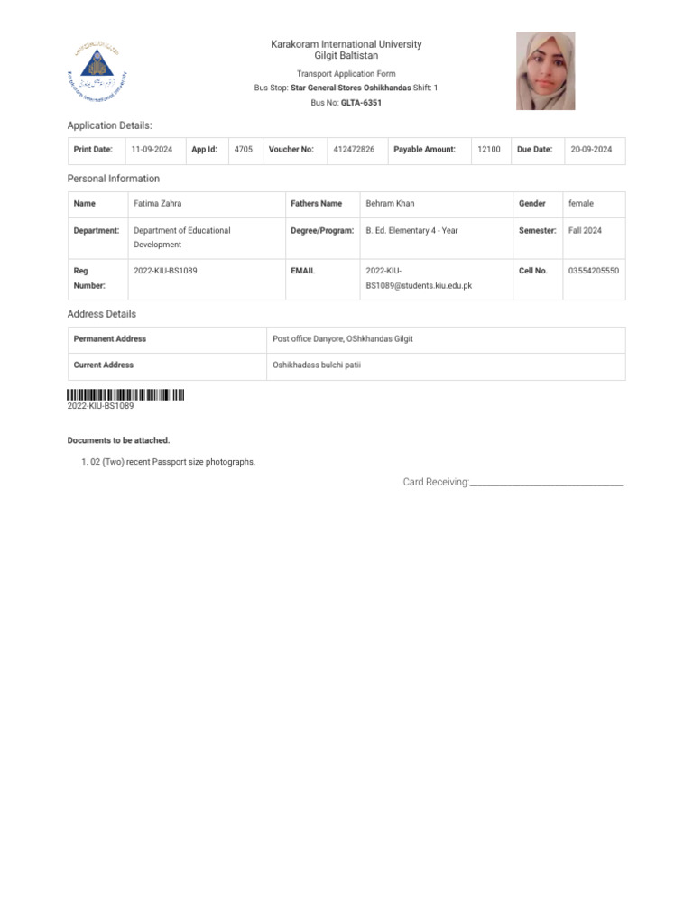 Fee Voucher - Fatima Zahra - KIU LMS | PDF