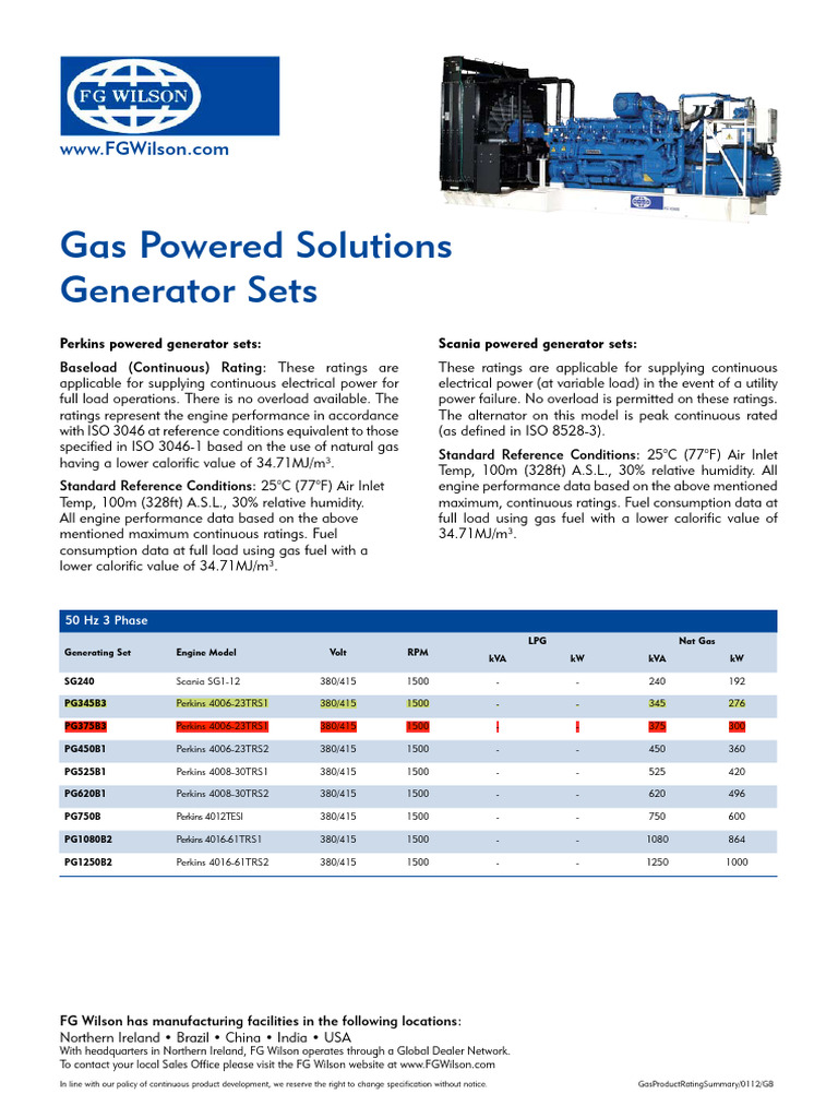 WILSON Gas Generator机组参数 | PDF | Electric Generator | Engines