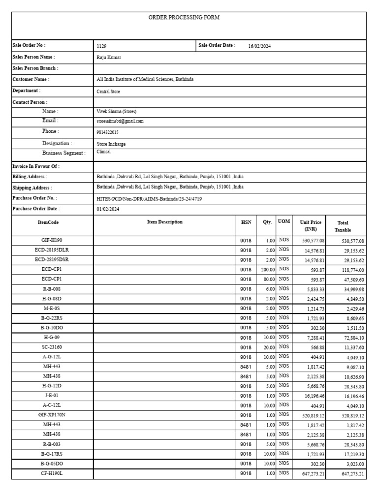Order Processing Form: Central Store | PDF