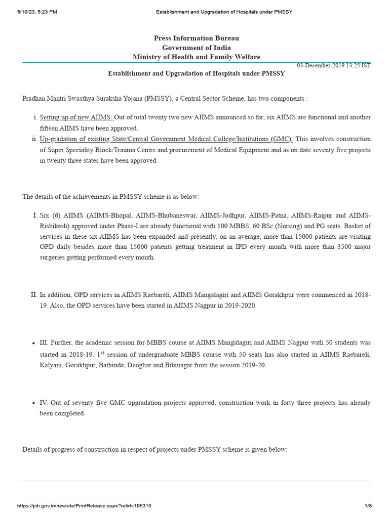 Establishment and Upgradation of Hospitals Under PMSSY | PDF | Politics ...