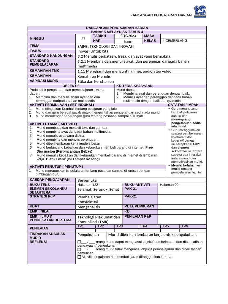 RPH Minggu 27 BM SK THN 4 2023 by Cikgu Gorgeous | PDF