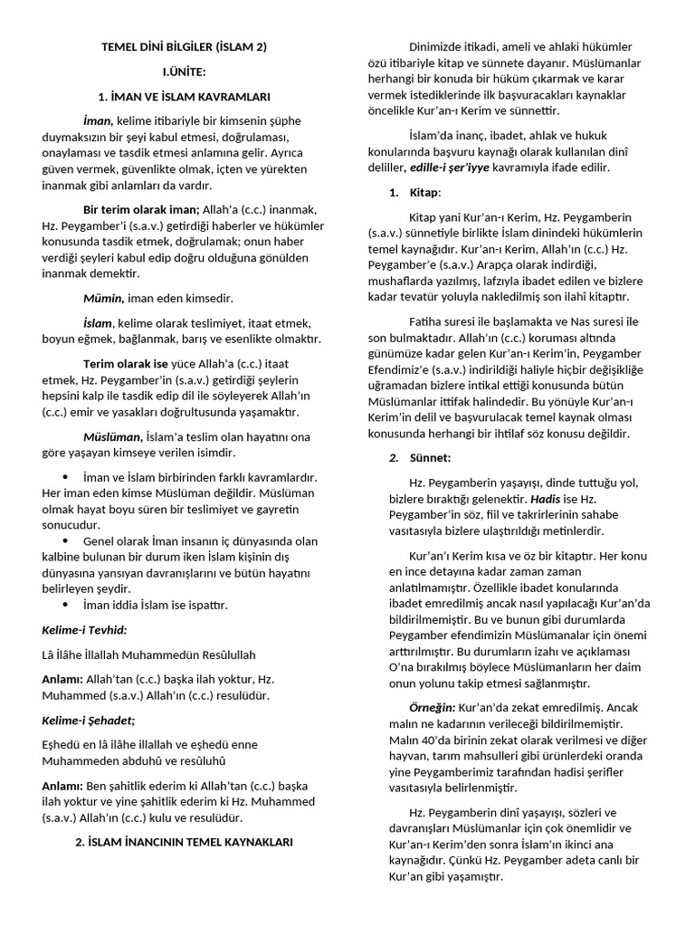 TDB (İslam 2) 1.ünite Özet | PDF