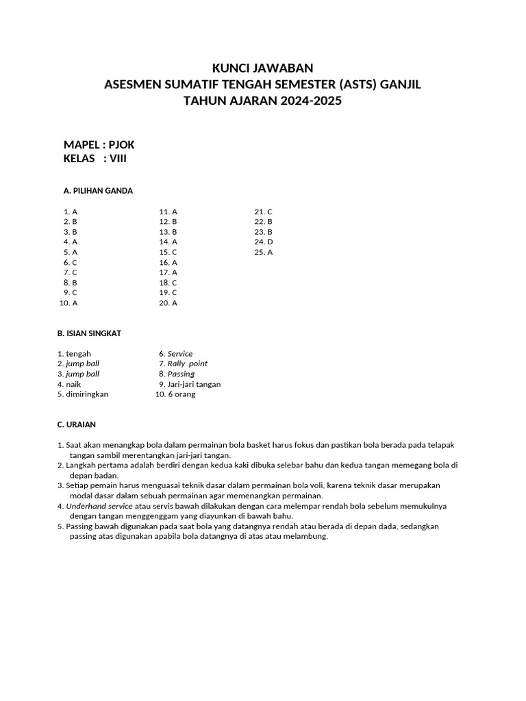 Kunci Jawaban Asts Ganjil Pjok Kelas Viii Ta 2024-2025 | PDF