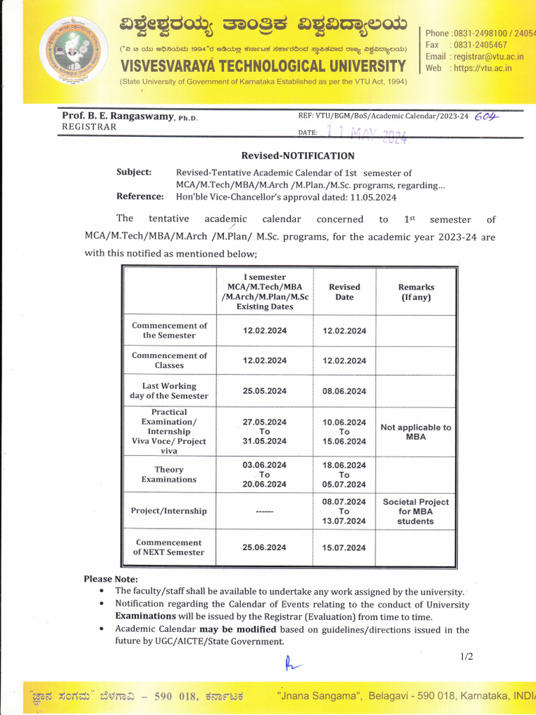 Revised Academic Calendar 2023-24 VTU | PDF | Academia | Engineering