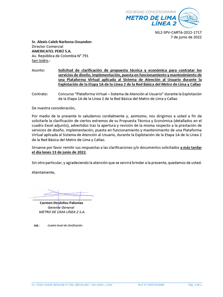 ML2-SPV-CARTA-2022-1717 - Americatel | PDF