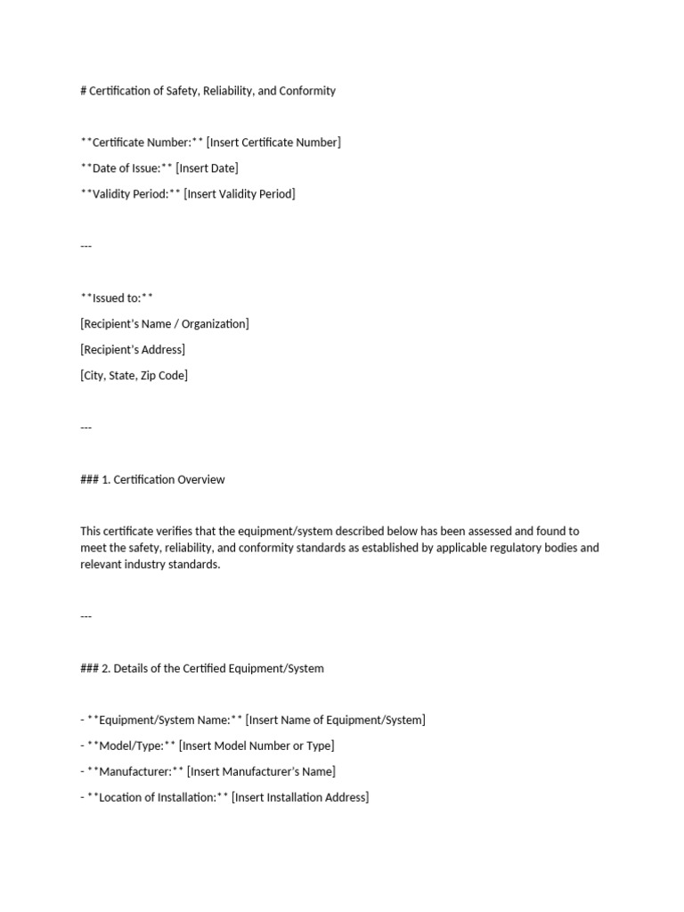 Safety and Reliability Certification Template | PDF | Reliability Engineering | Certification