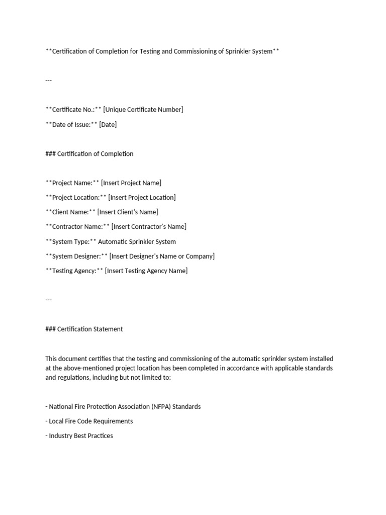 Sprinkler System Completion Certification | PDF | Fire Sprinkler System