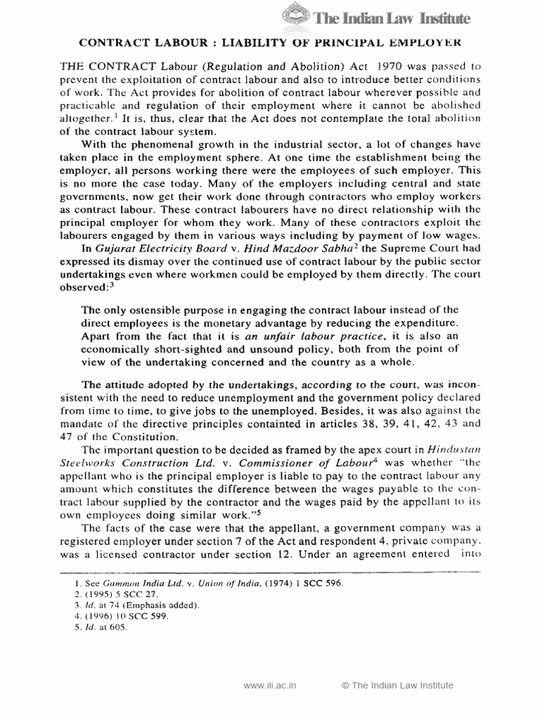 Principal Employer's Liability Under Act | PDF | Employment | Wage