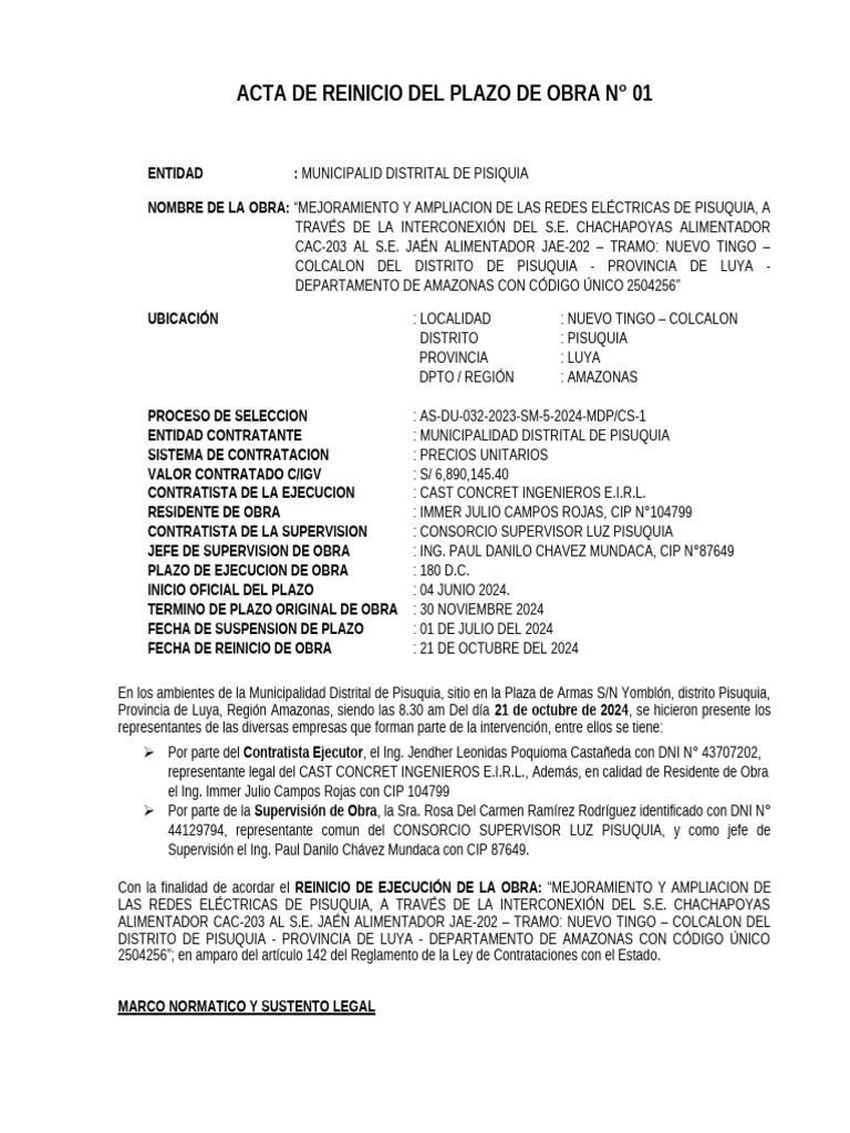 Acta de Reinicio de Obra #01 | PDF | Gobierno