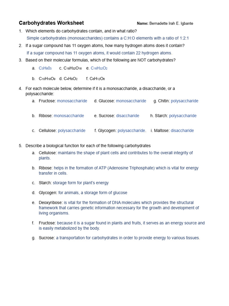 (BIO) Carbohydrates - Worksheet - IGBANTE 2 | PDF | Carbohydrates ...