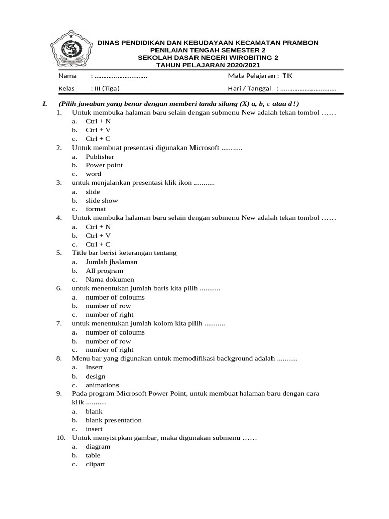 Soal Tik Kelas 3 PTS | PDF