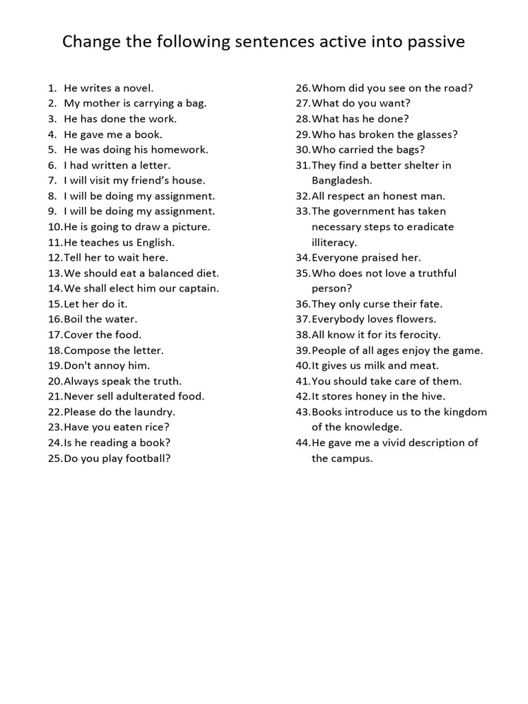 Change the following sentences active into passive | PDF