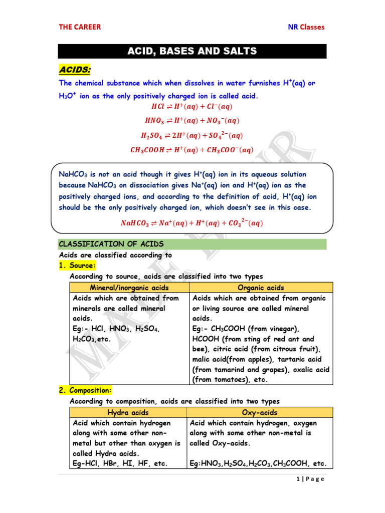 ACID BASE & SALTS Class Note L-1 | PDF | Acid | Sulfuric Acid