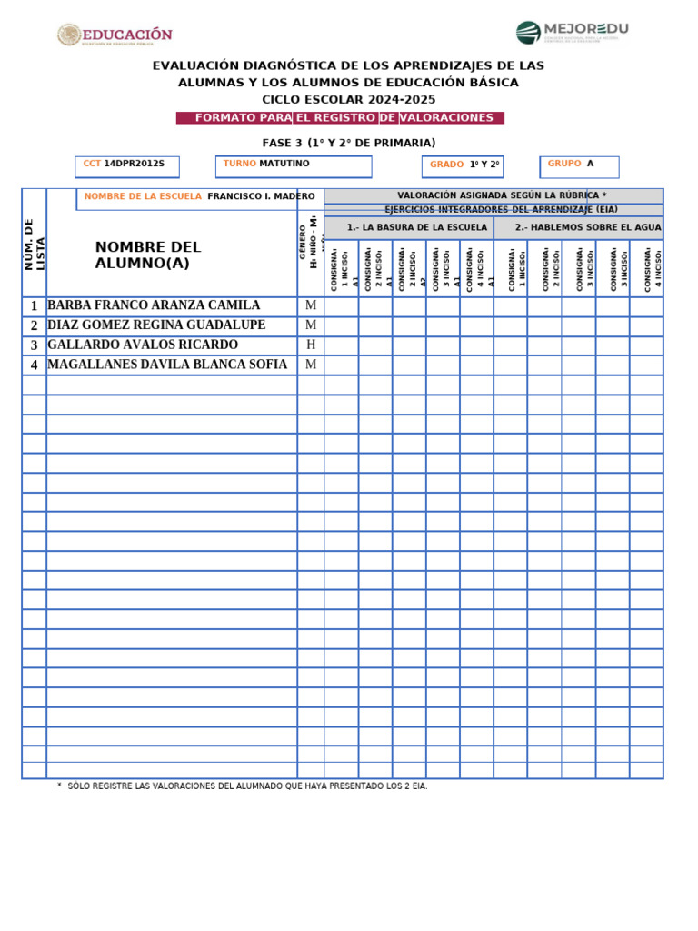 Hoja de Registro de Primero y Segundo 2024 - 2025 | PDF