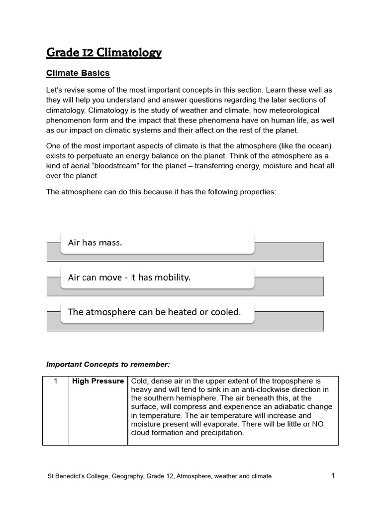 Grade 12 Climatology - Notes - FULL VERSION | PDF | Atmospheric ...