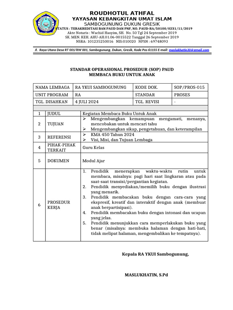 SOP Membaca Buku Anak di RA YKUI | PDF