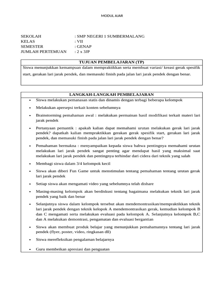 MODUL AJAR LARI JARAK PENDEK Versi Pendek KURMER | PDF