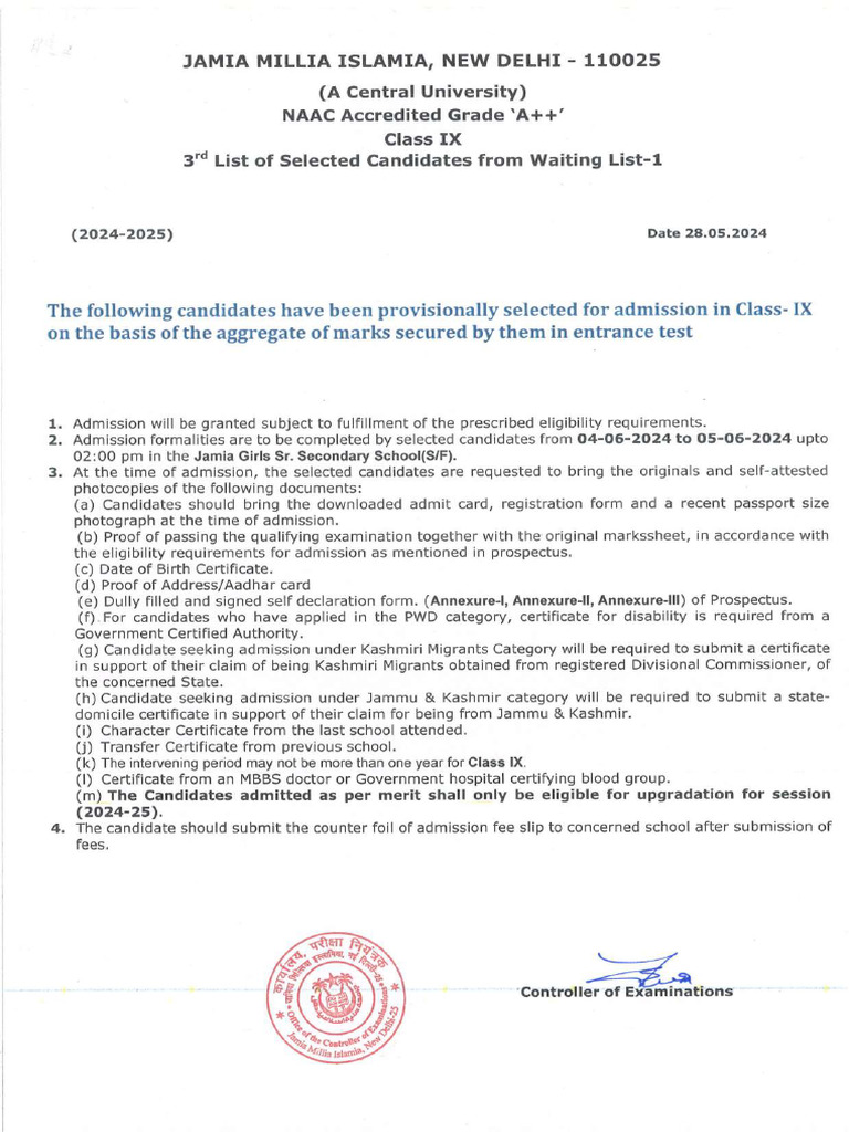 Class Ix 3rd List of Selected Candidates From Waiting List-1 Jamia ...